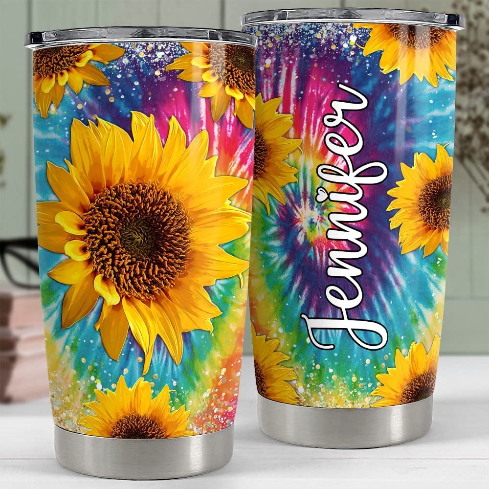 Personalized Sunflower Tumbler Hologram Tie Dye